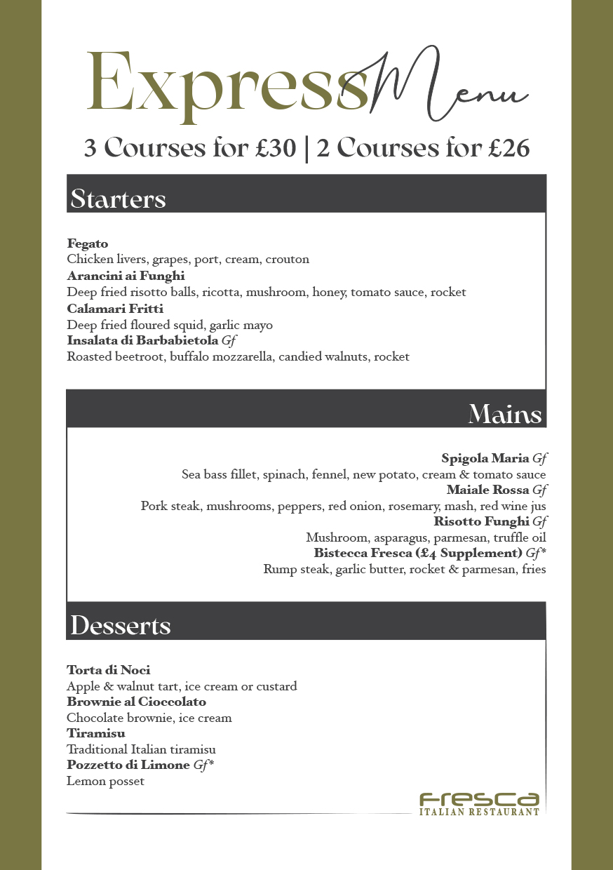 Fresca Restaurant | Menus | Lunch Menu | 1 Course £7.95 | 2 Course £9.95